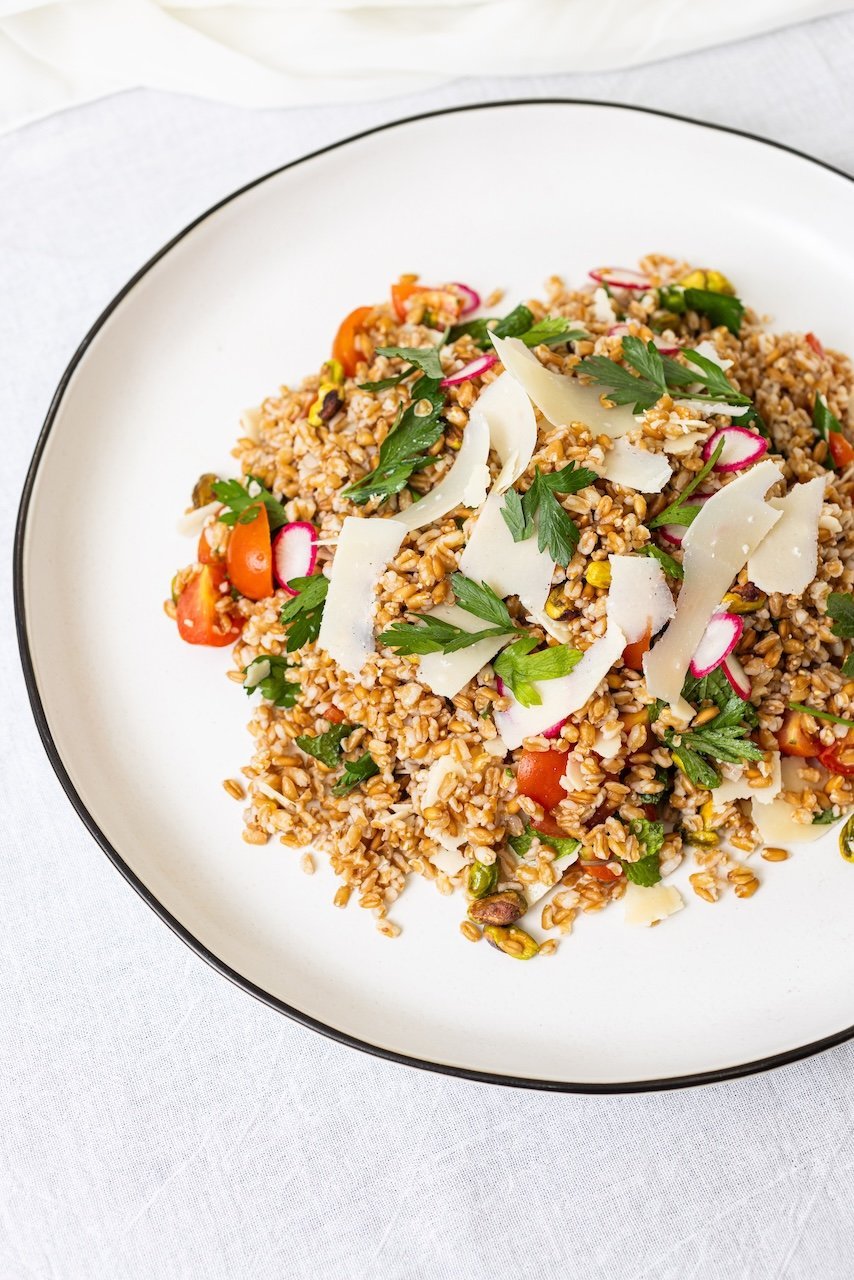 Farro Salad with Ninja Radish, Parmesan, Pistachios and Sungold Tomatoes