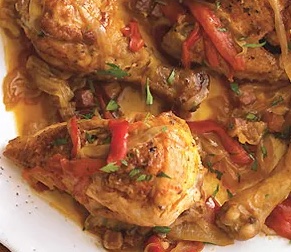 Roman style braised chicken with roasted peppers